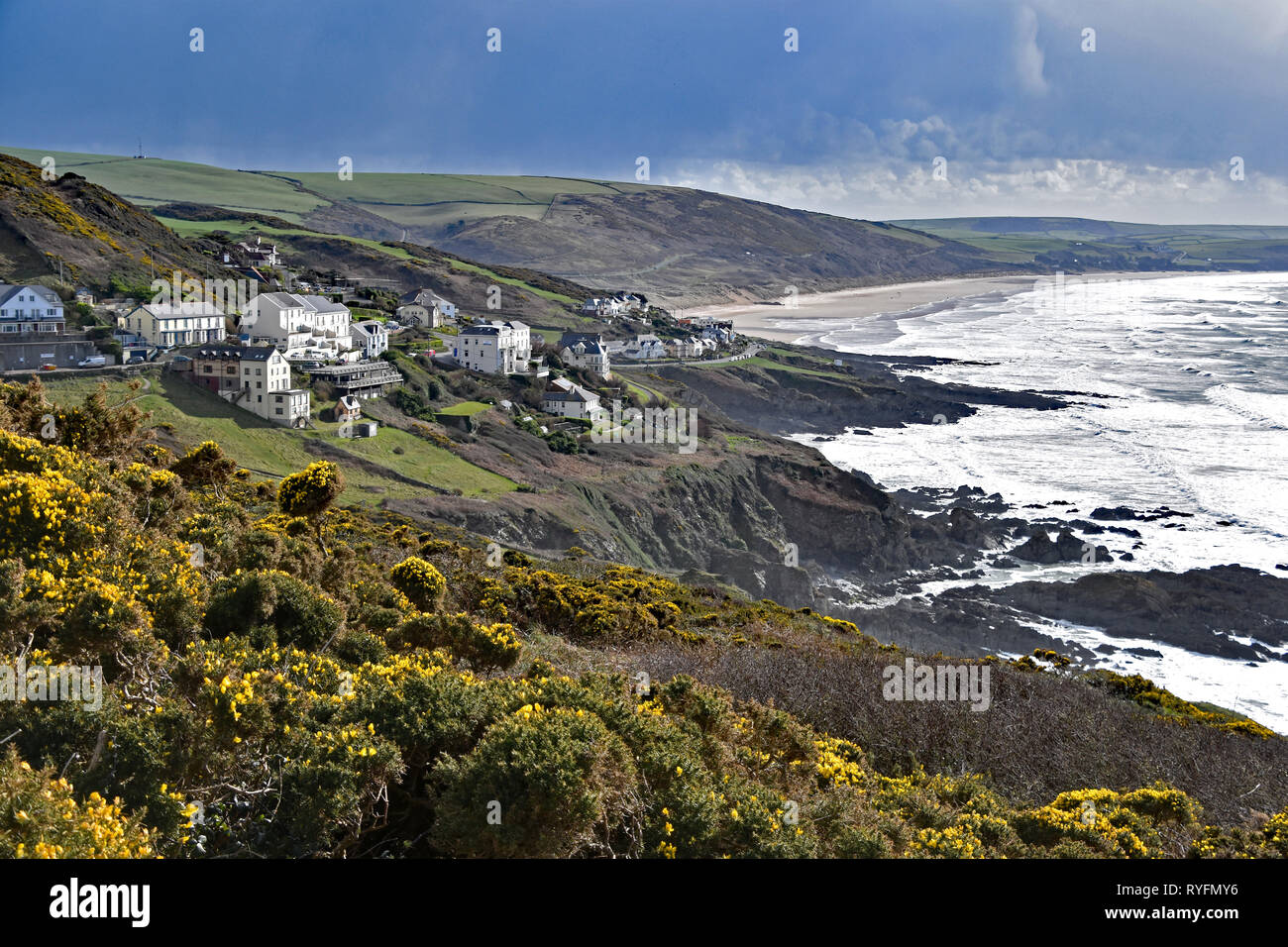 Mortehoe village and Woolacombe Beach seen from the Southwest Coast ...