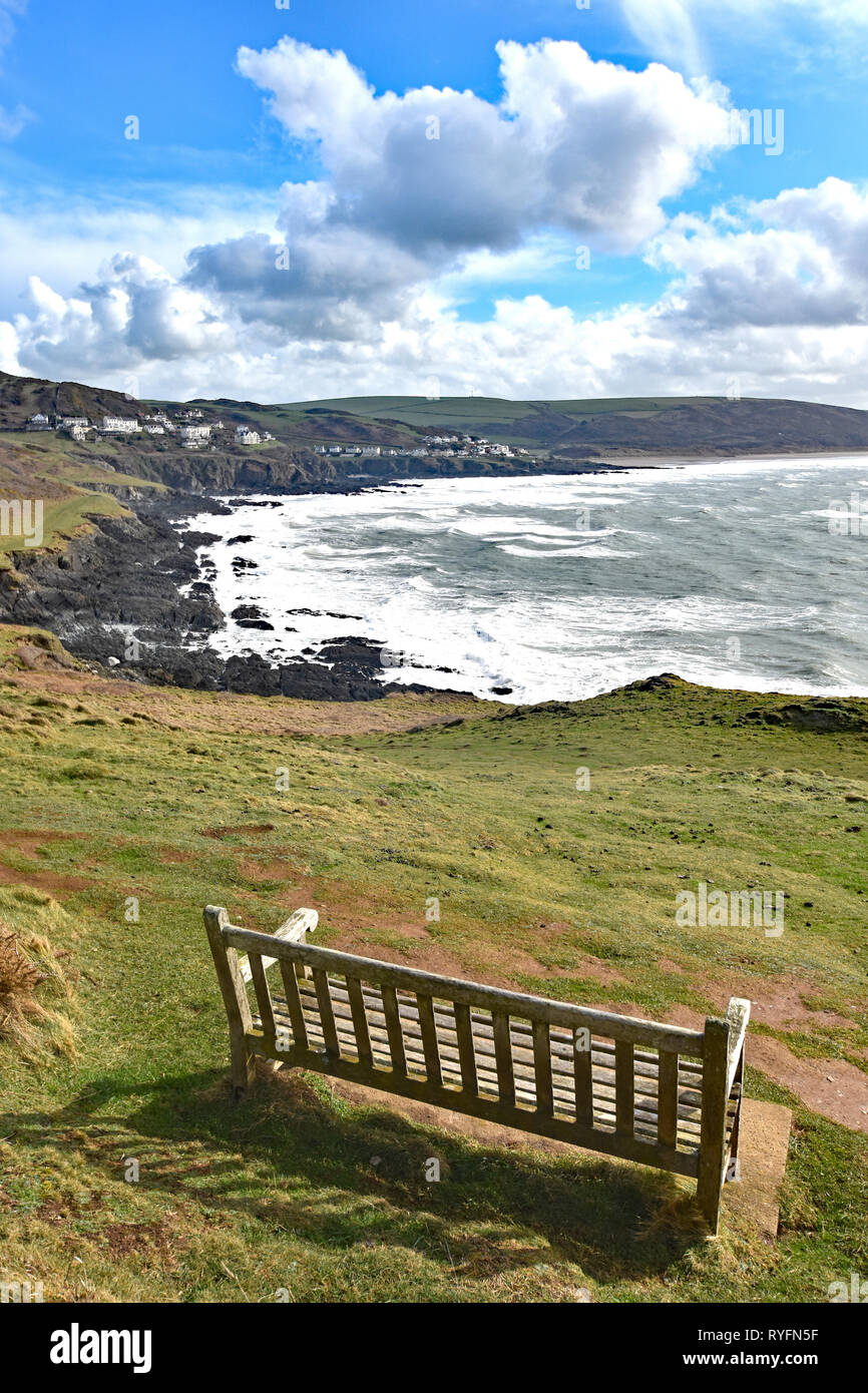 Seat on the Southwest Coast Path at Morte Point, with view to Mortehoe ...