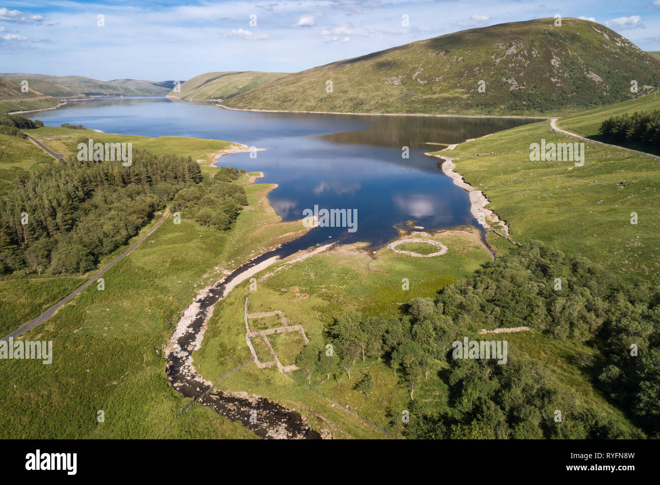 Aerial image of Megget Reservoir looking south, several sheep shells ...