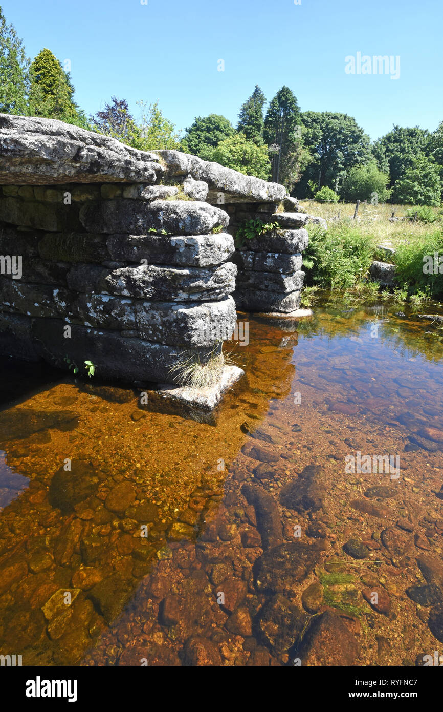 The ancient stone Clapper Bridge at Postbridge, Dartmoor, England Stock ...
