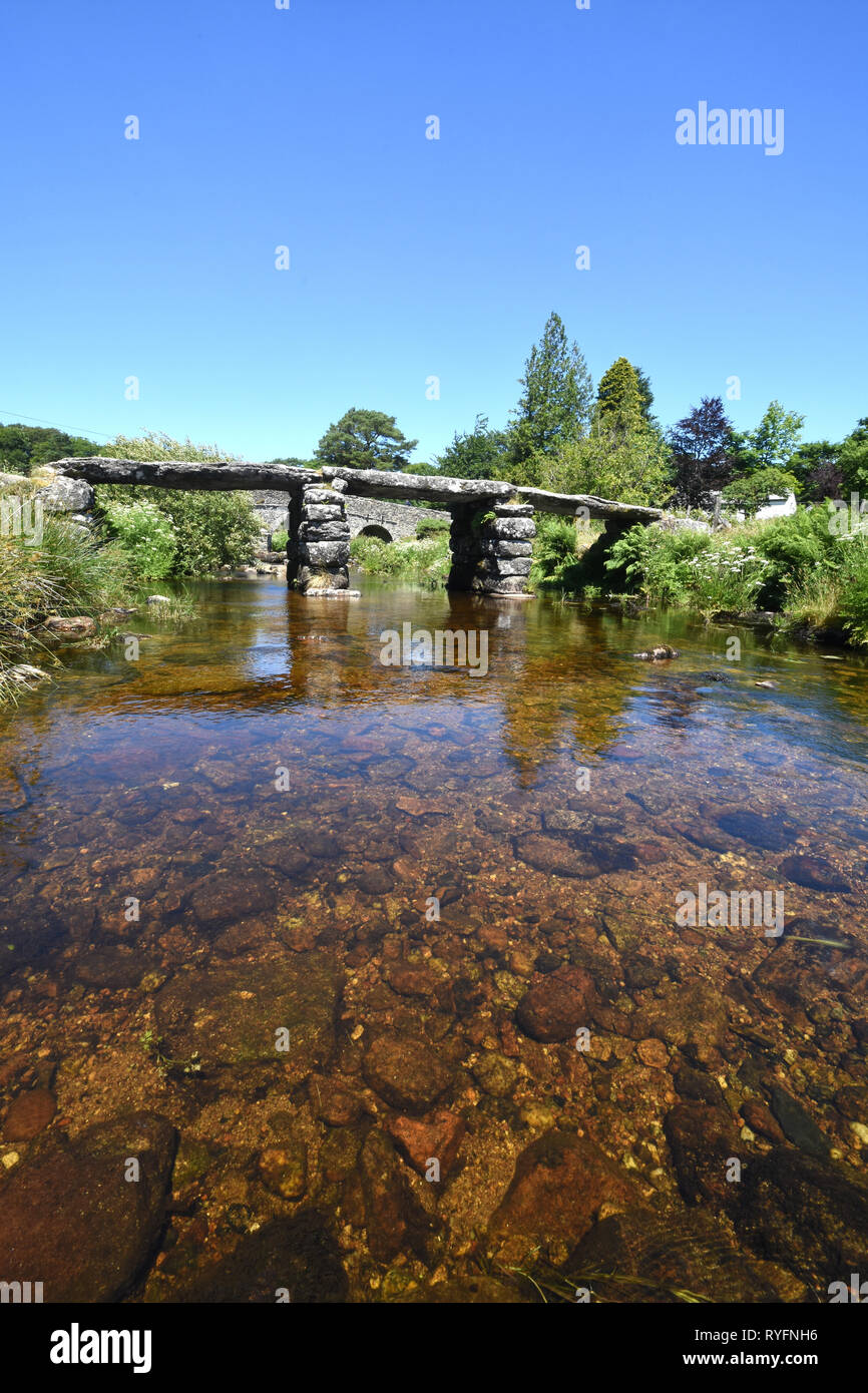 The ancient stone Clapper Bridge at Postbridge, Dartmoor, England Stock ...
