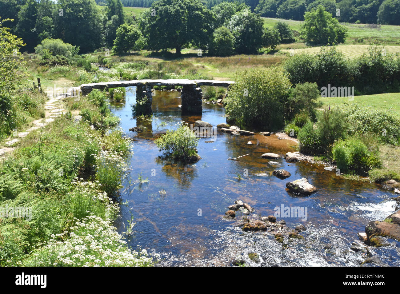 The ancient stone Clapper Bridge at Postbridge, Dartmoor, England Stock ...