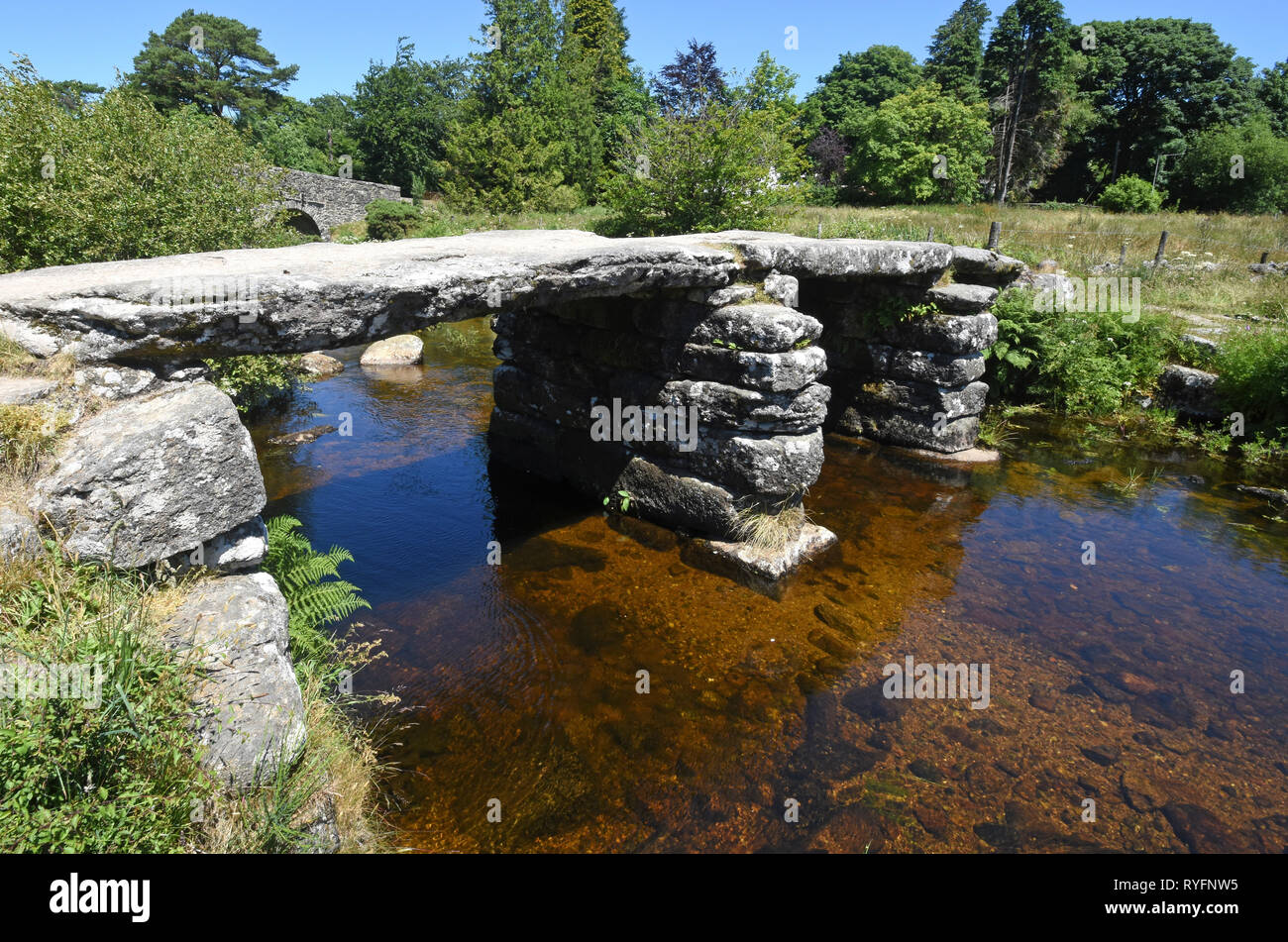 The ancient stone Clapper Bridge at Postbridge, Dartmoor, England Stock ...