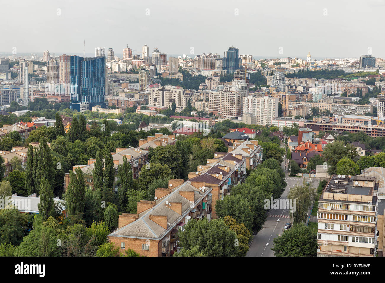 Aerial top view of Kiev city skyline from above, residential district ...