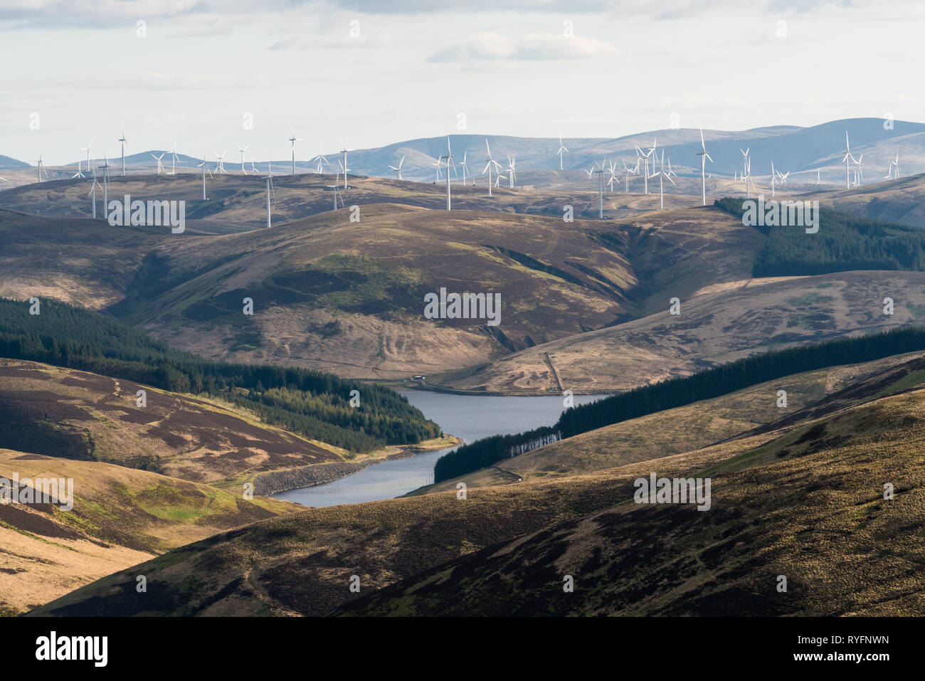 Camps Reservoir and the Clyde wind Farm seen from the high slopes of ...