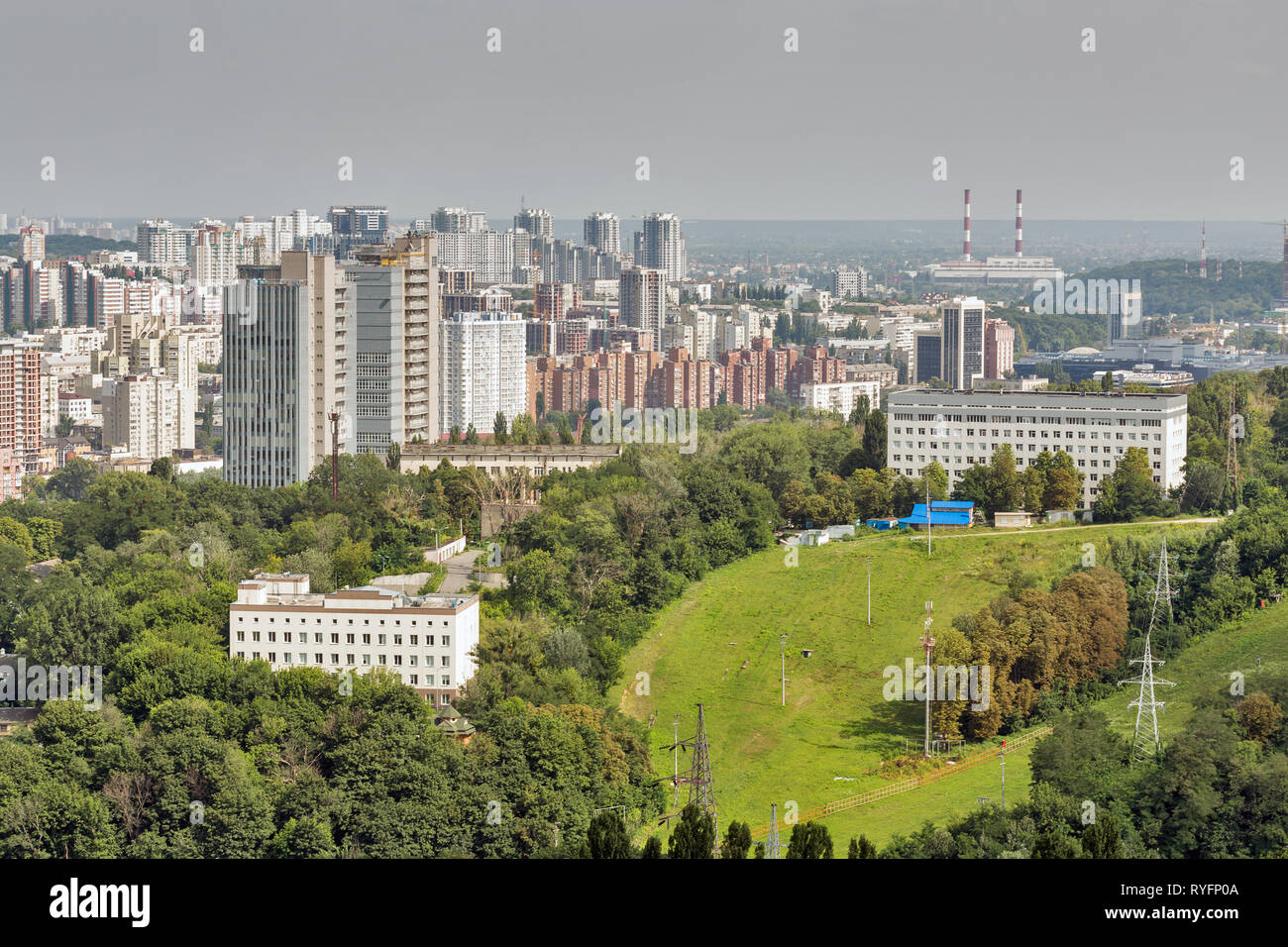 Aerial top view of Kiev city skyline from above with Protasov Yar ski ...