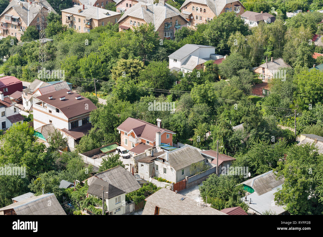 Aerial top view of Kiev suburb houses from above, residential district ...
