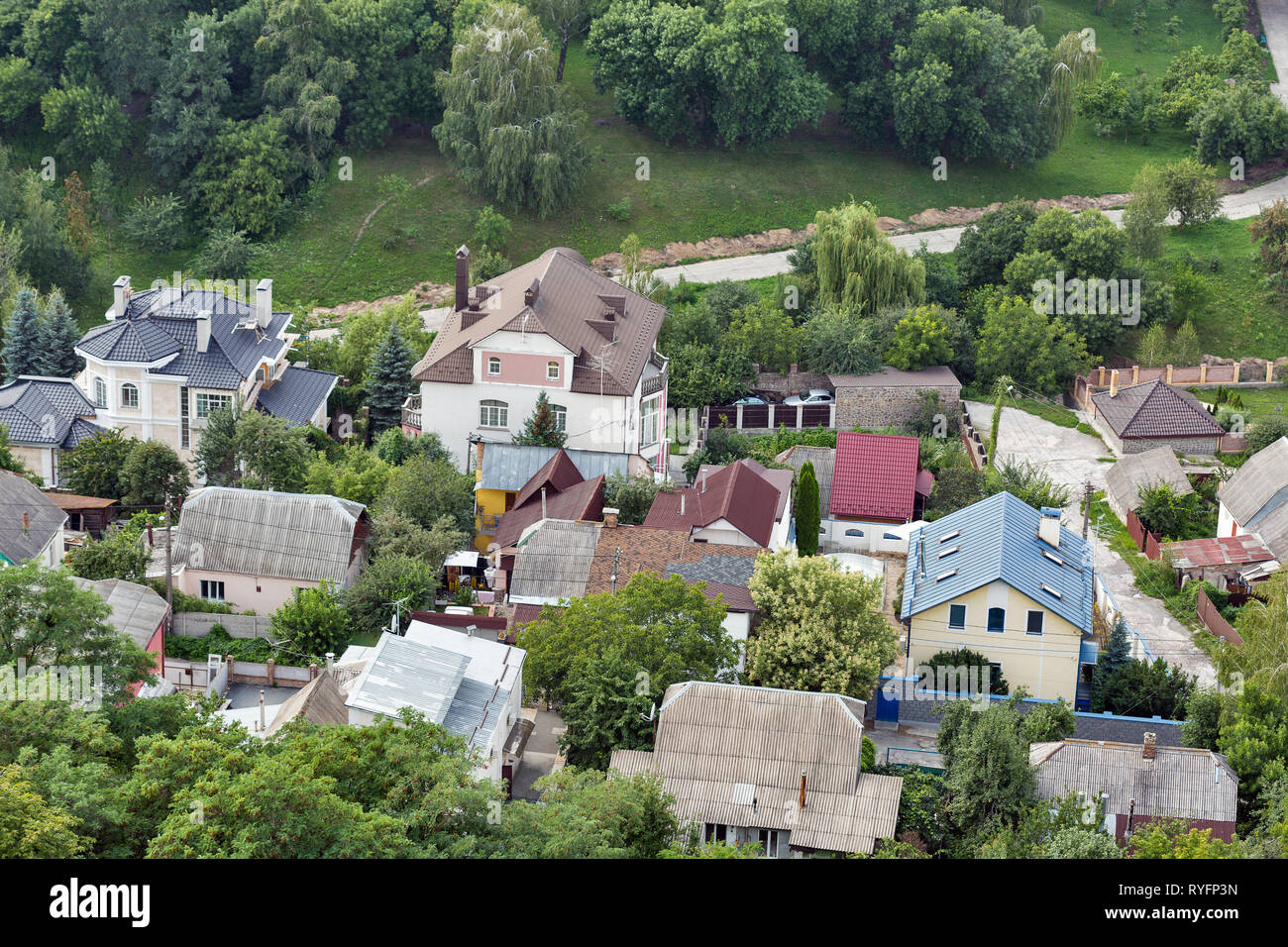 Aerial top view of Kiev suburb houses from above, residential district ...
