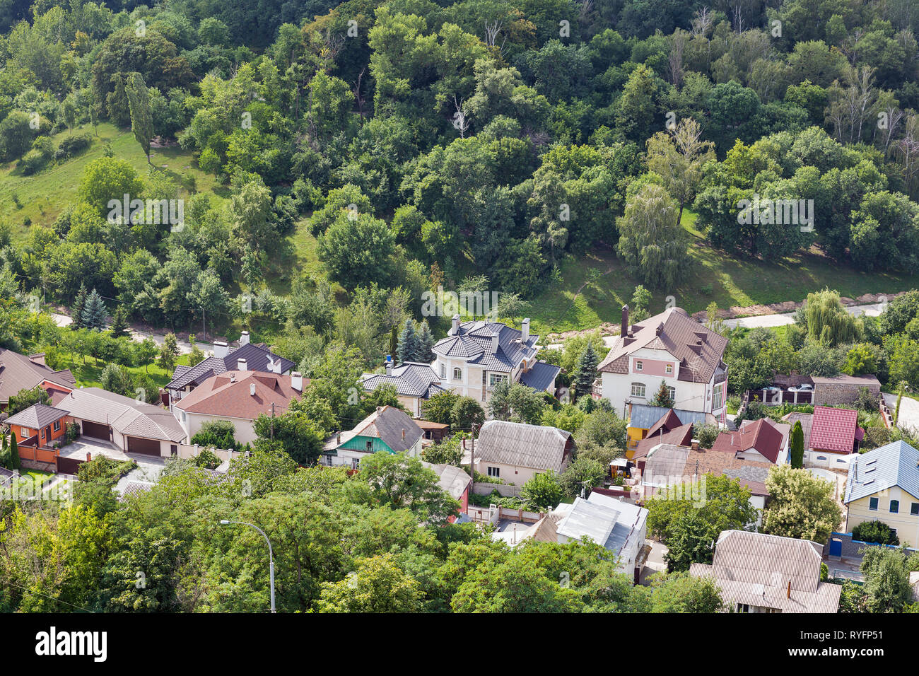 Aerial top view of Kiev suburb houses from above, residential district ...