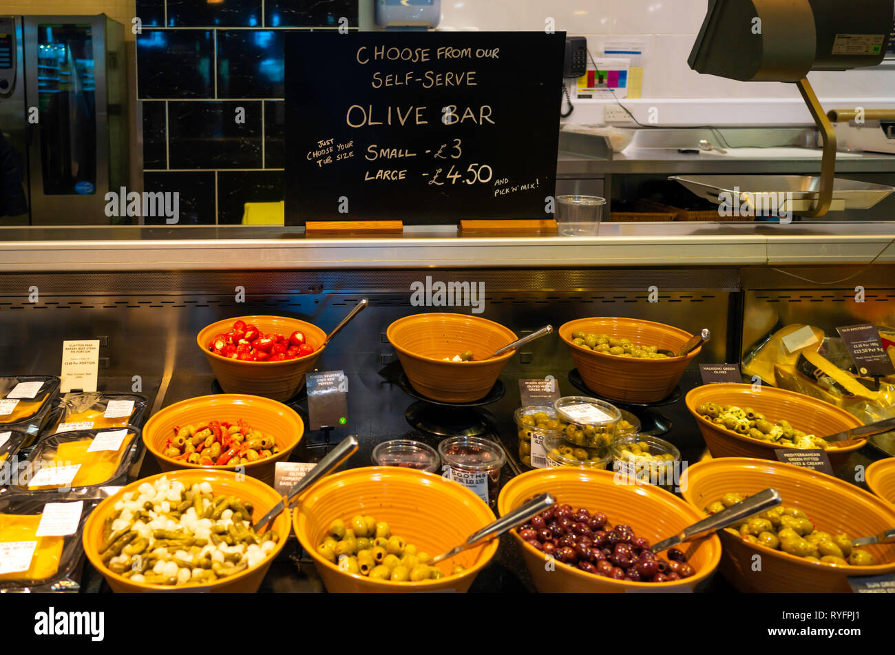 A view of the display of the self-service Olive Bar in Booths ...