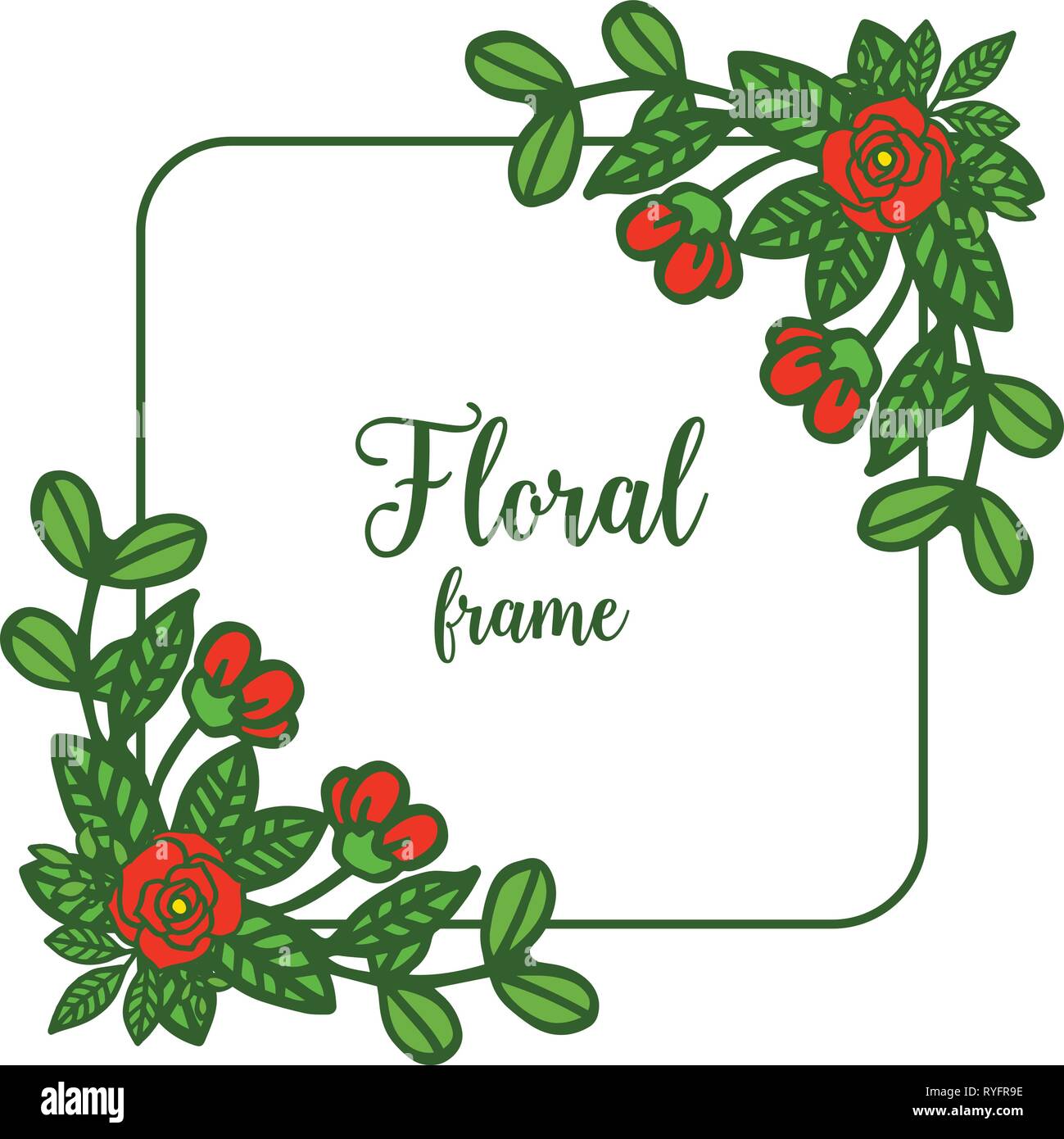 Vector illustration artwork red rose wreath frames blooms hand drawn ...