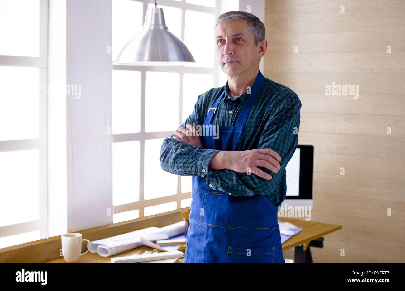 profession, carpentry, woodwork and people concept - carpenter testing ...