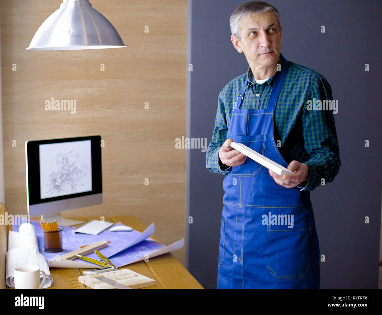 profession, carpentry, woodwork and people concept - carpenter testing ...