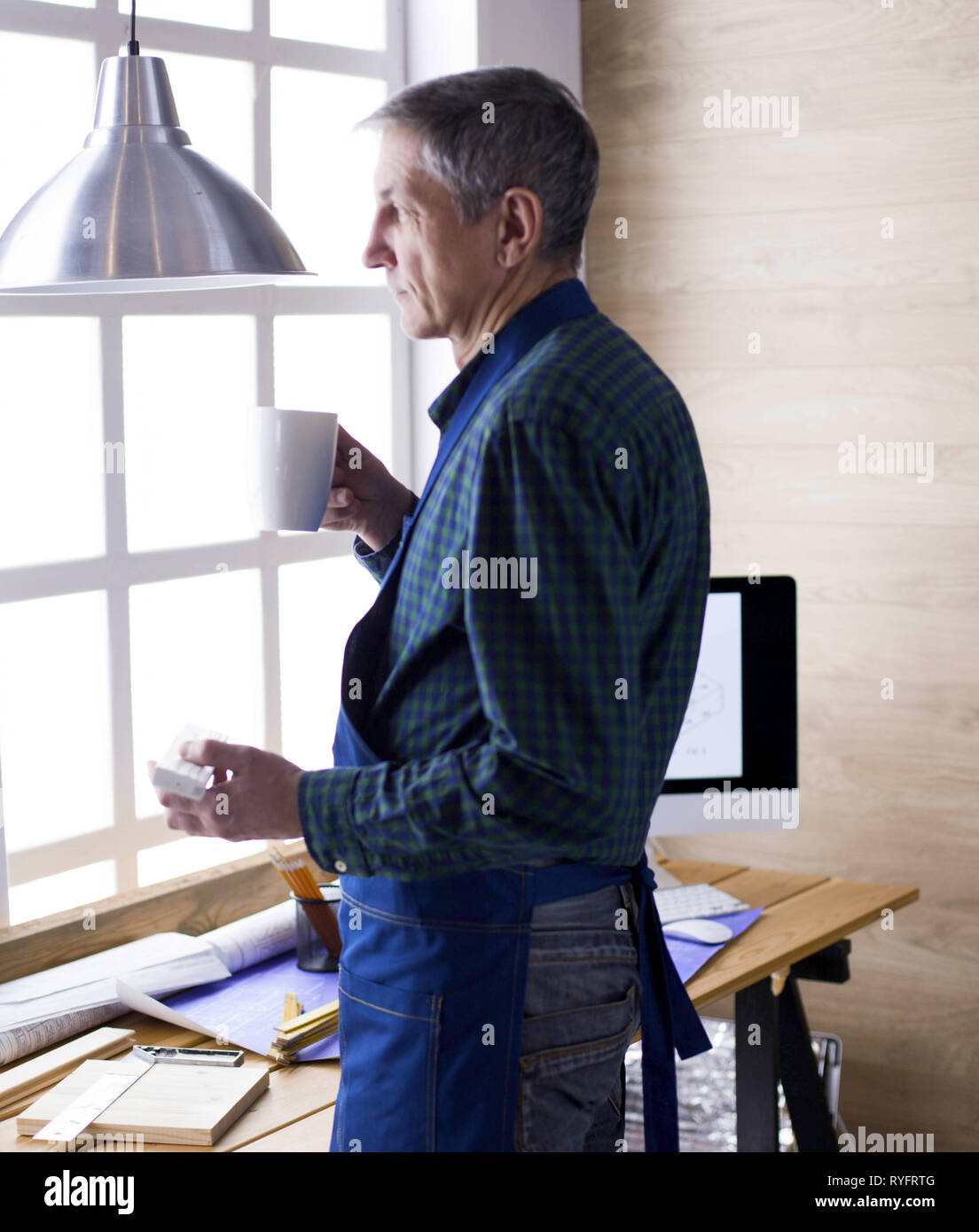 profession, carpentry, woodwork and people concept - carpenter testing ...