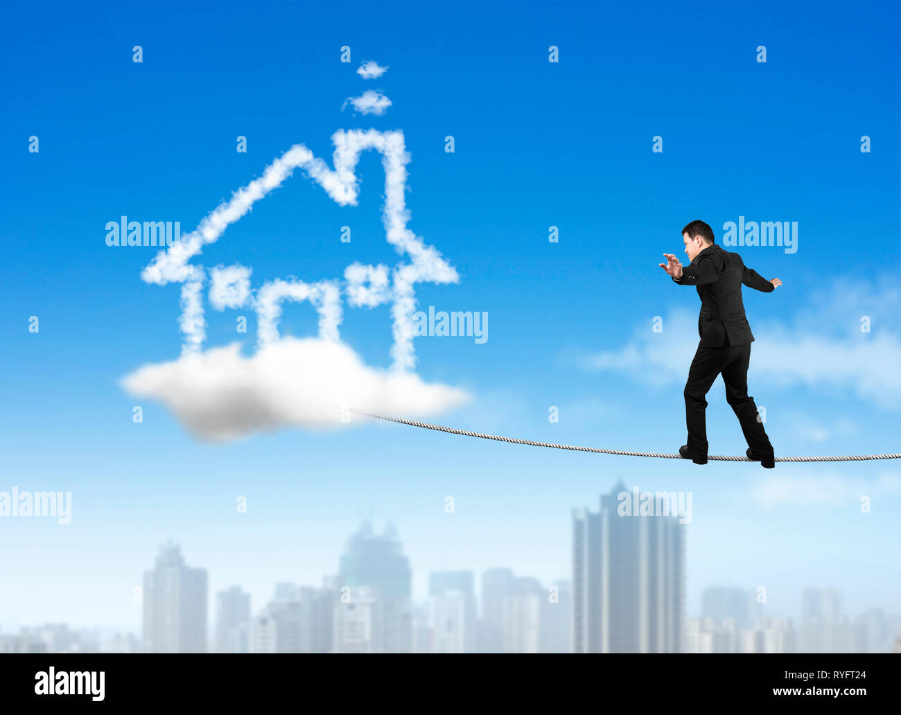 Businessman walking and balancing on rope toward house shape cloud with ...