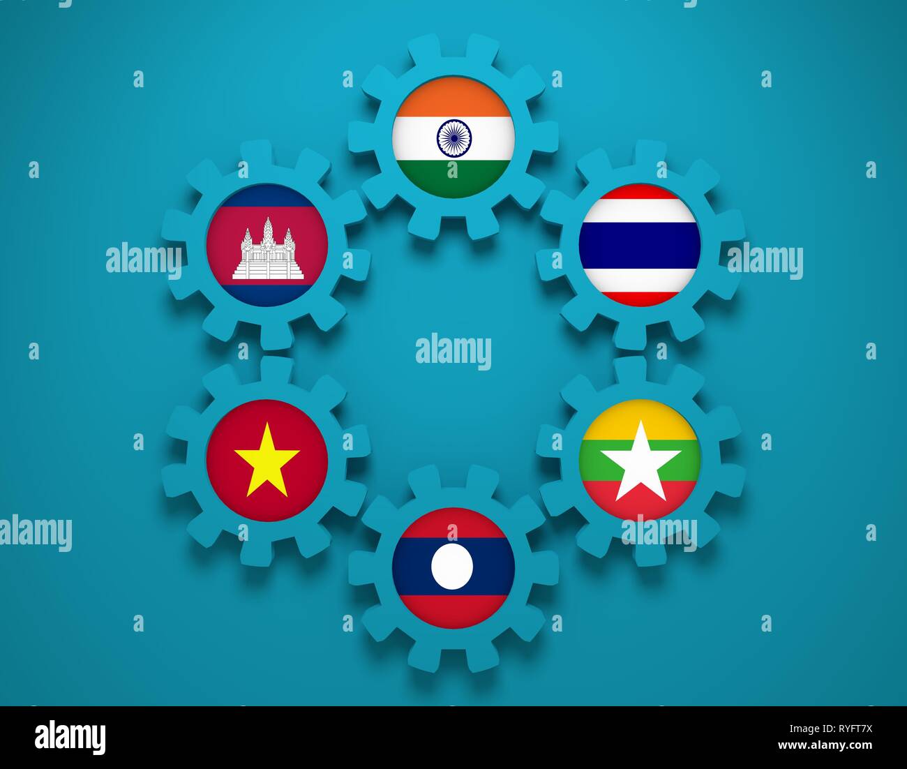 Mekong Ganga cooperation members flags on gears Stock Photo - Alamy