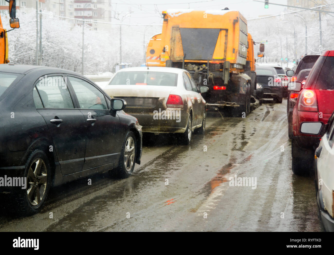 Dirty slippery road and a traffic jam, outdoor shot Stock Photo - Alamy