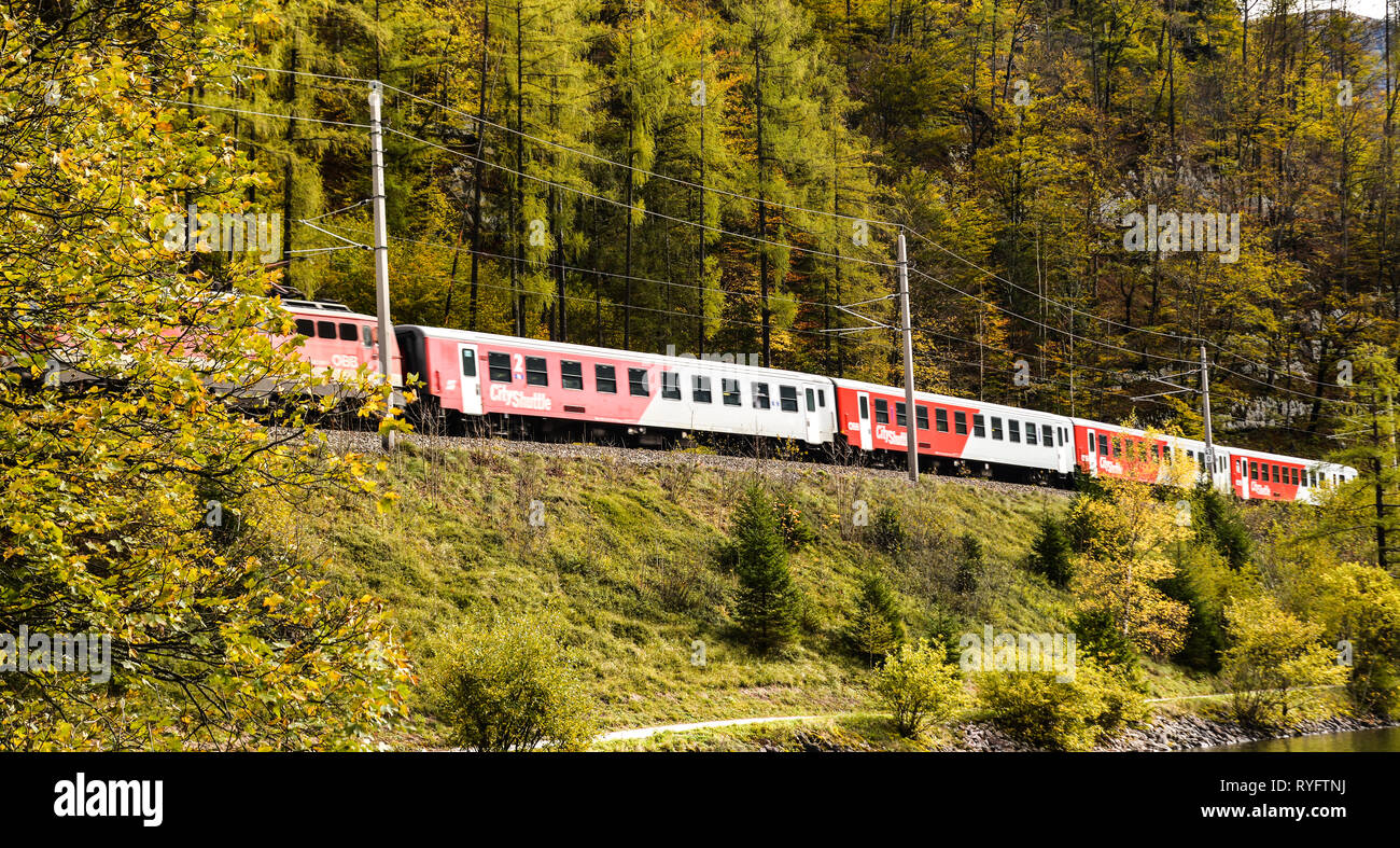 Hallstatt, Austria - Oct 25, 2018. Touristic train running in Hallstatt ...