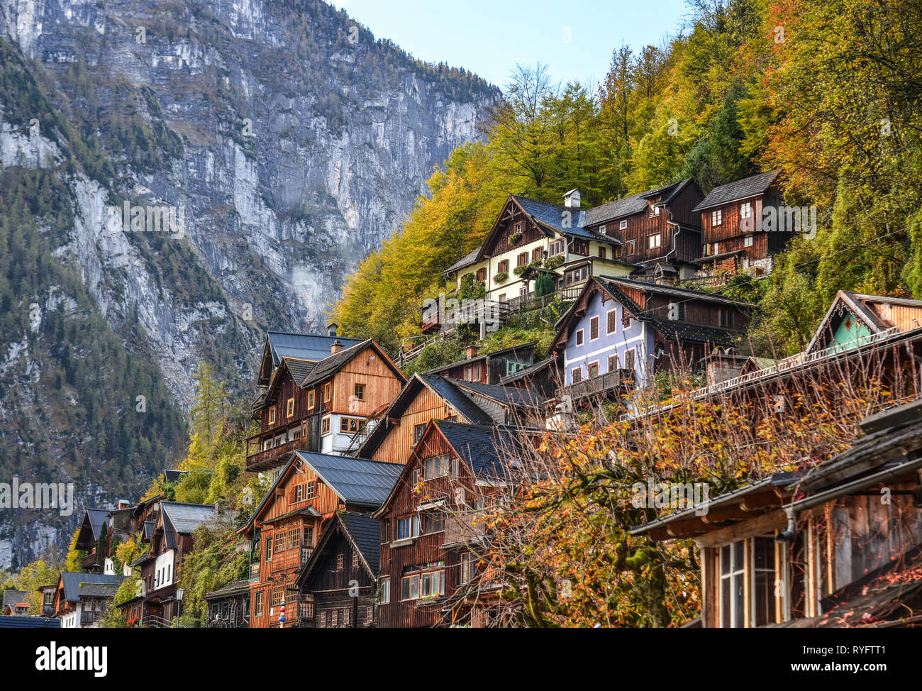 Old town of Hallstatt, Austria. Hallstatt is a charming lakeside ...