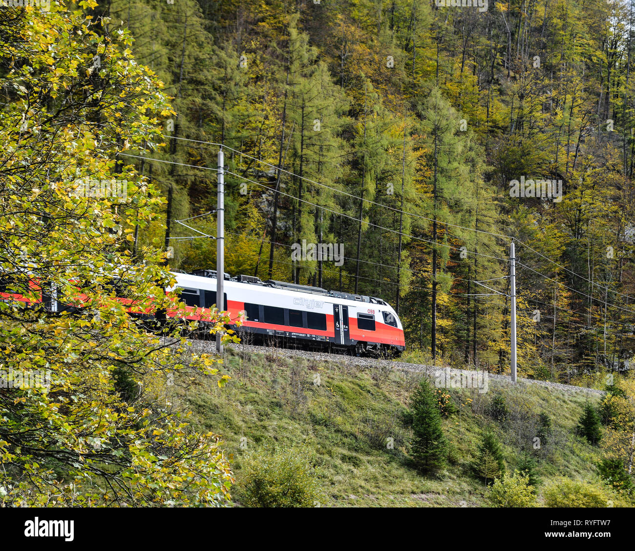 Hallstatt, Austria - Oct 25, 2018. Touristic train running in Hallstatt ...