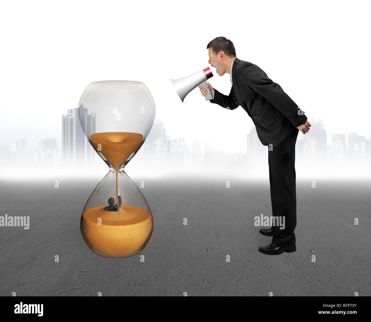 Boss using megaphone yelling at employee flooded in hourglass with city ...