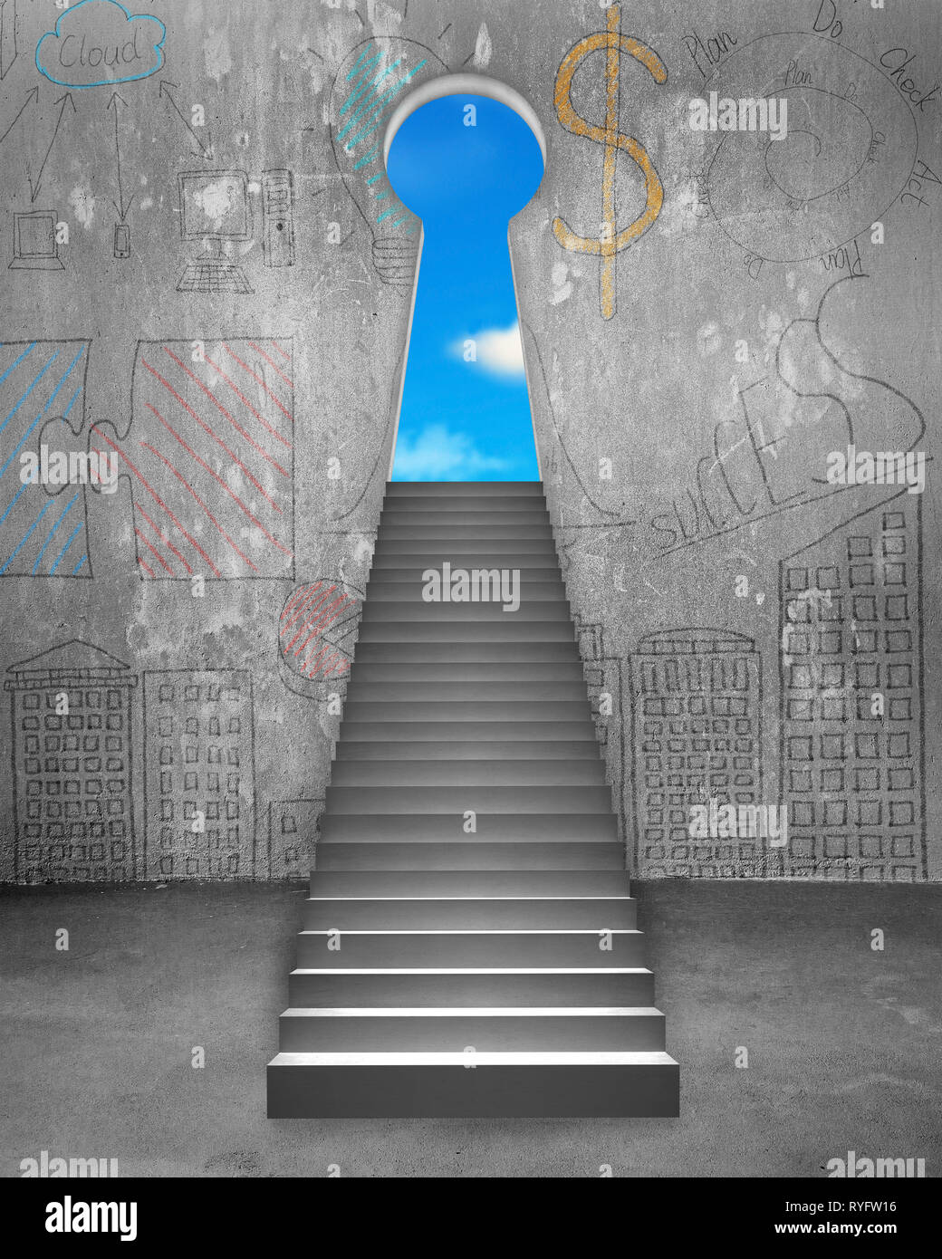 Key shape door on business doodles wall with concrete stairs and blue ...