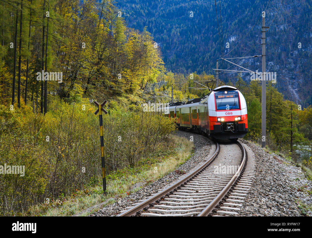 Hallstatt, Austria - Oct 25, 2018. Touristic train running in Hallstatt ...