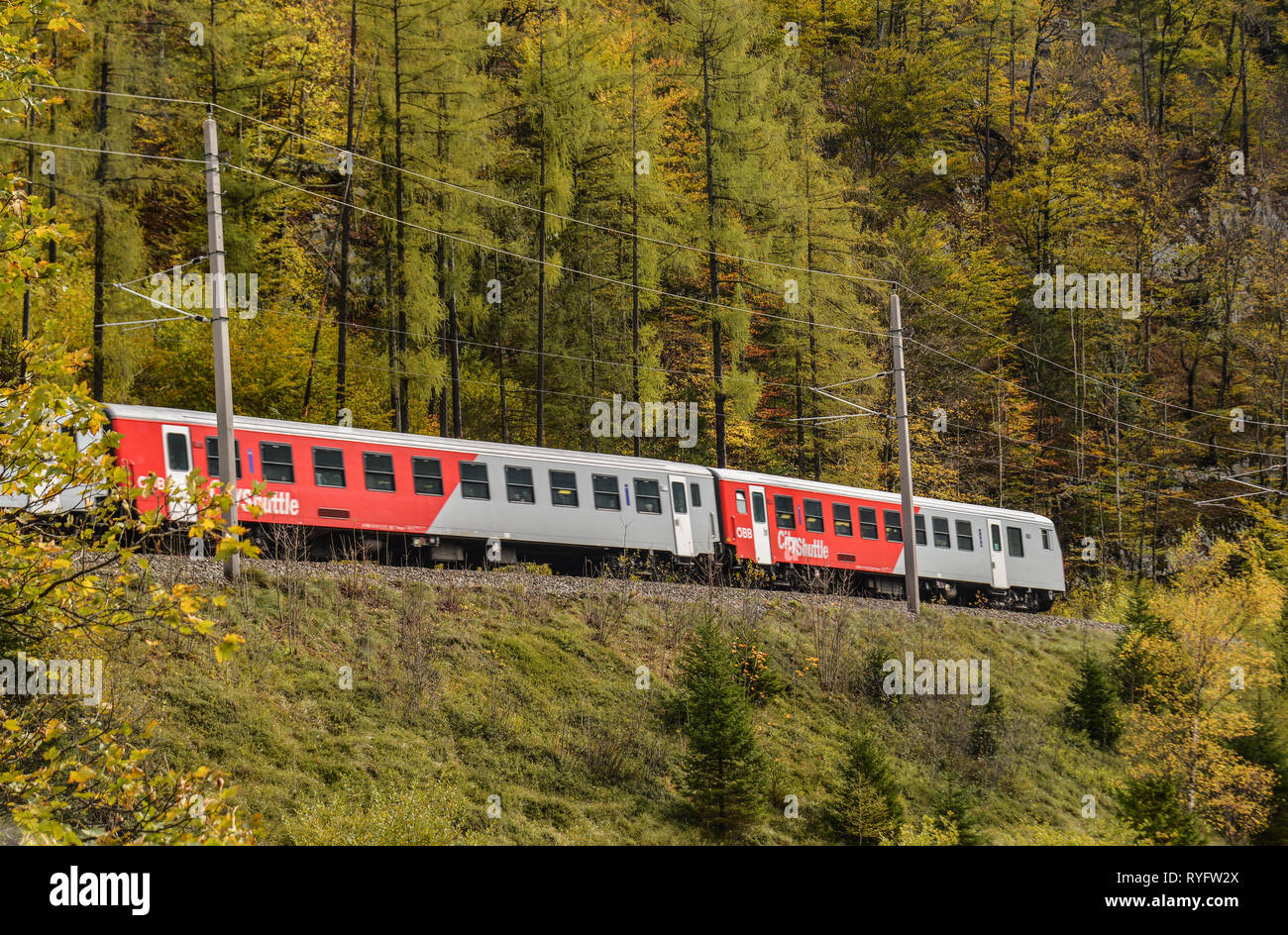 Hallstatt, Austria - Oct 25, 2018. Touristic train running in Hallstatt ...
