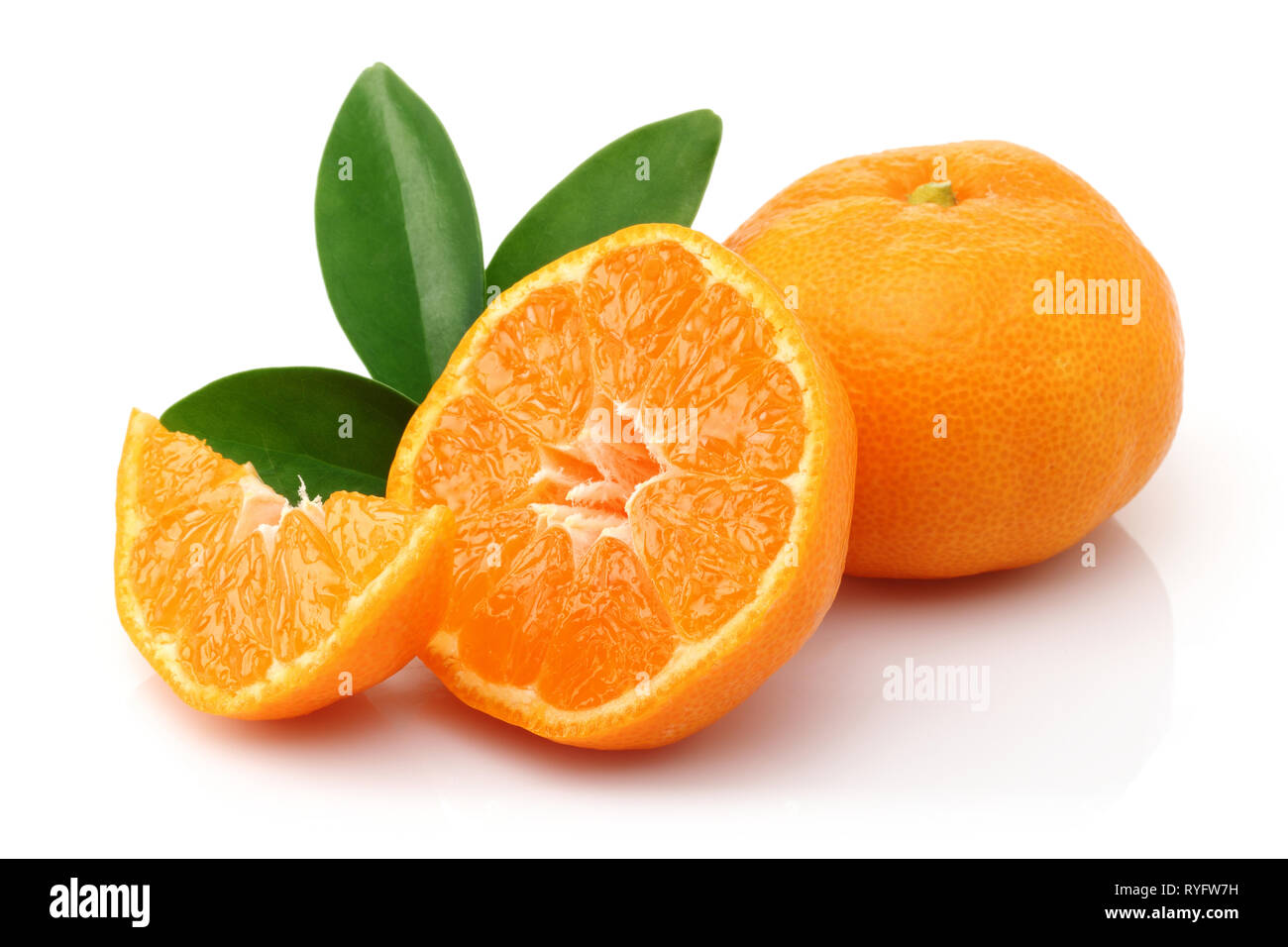 Fresh mandarin with slice and leaves isolated on white background Stock ...