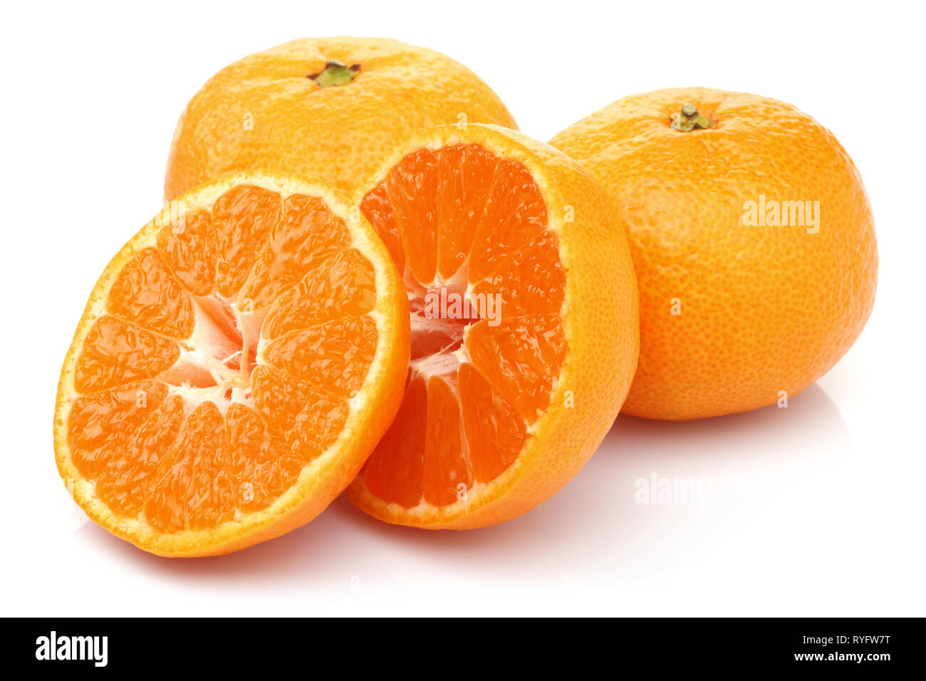 Group of whole and half mandarin fruits isolated on white background ...