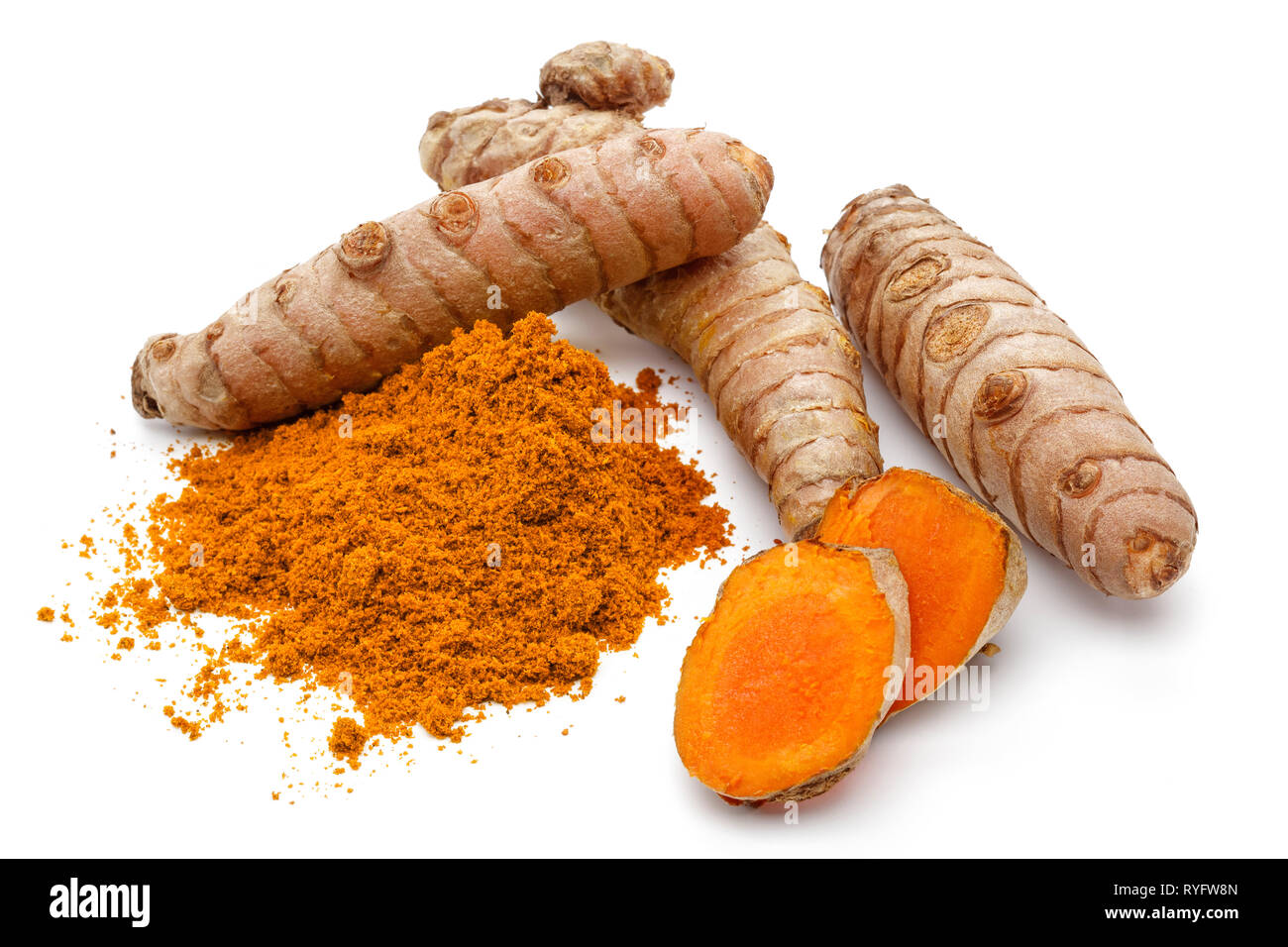 Fresh turmeric with slices and curcuma, isolated on white background ...