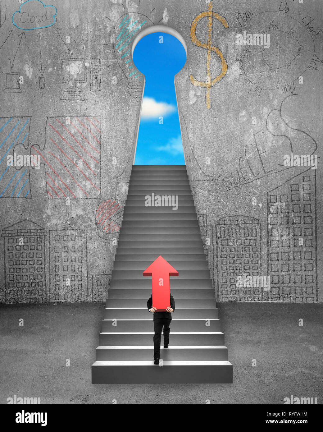 Businessman carrying big 3D red arrow sign and climbing on stairs to ...