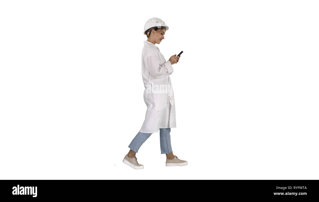 Female Scientist Using Smartphone Walking on white background Stock ...