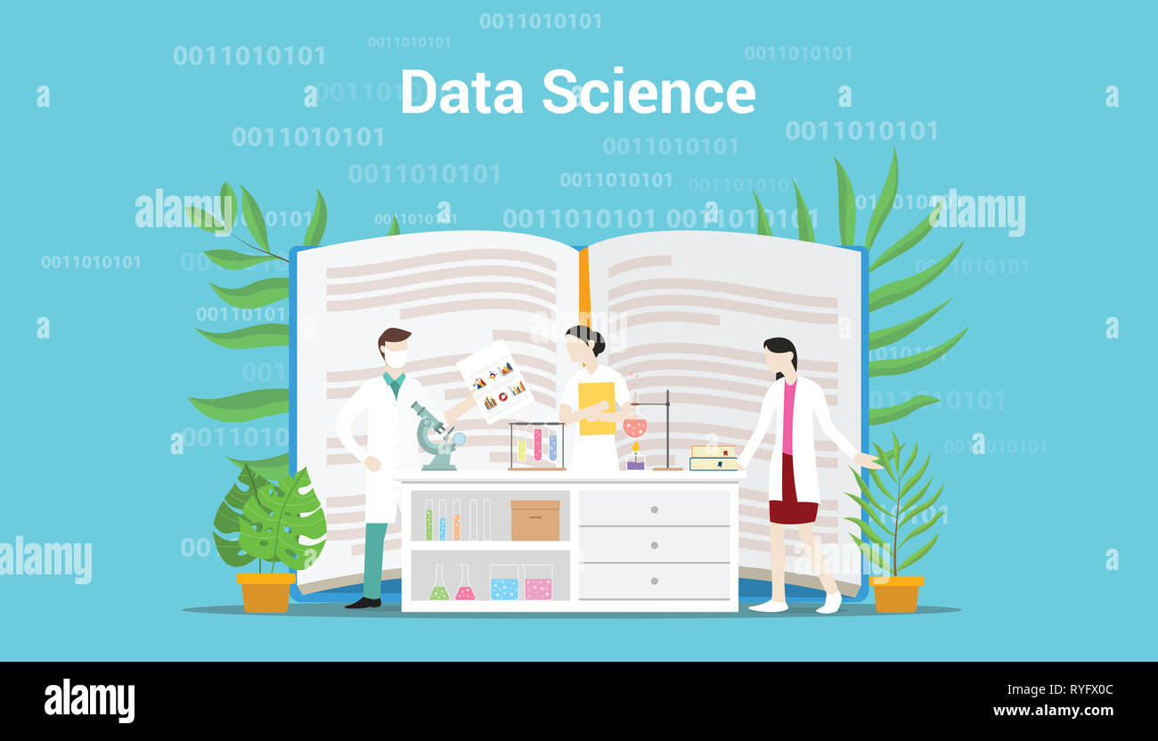 data science concept with laboratory team working on data - vector ...