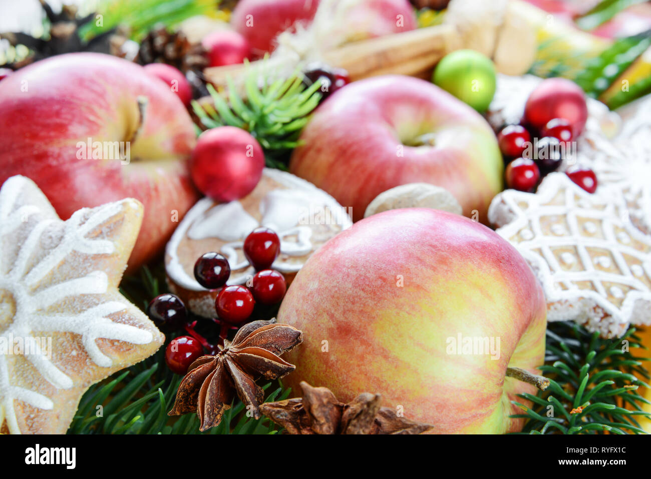Christmas food background from the red apples, cookies and spices Stock ...
