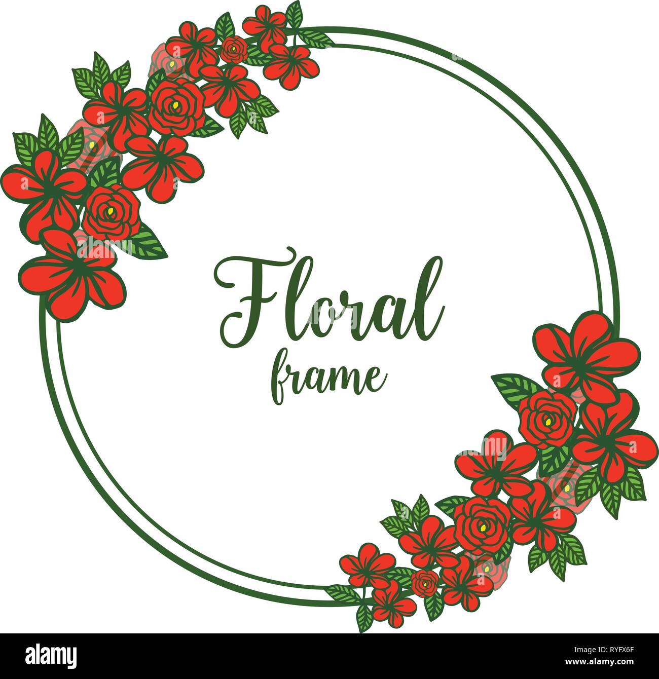 Vector illustration round red floral frame beautiful hand drawn Stock ...