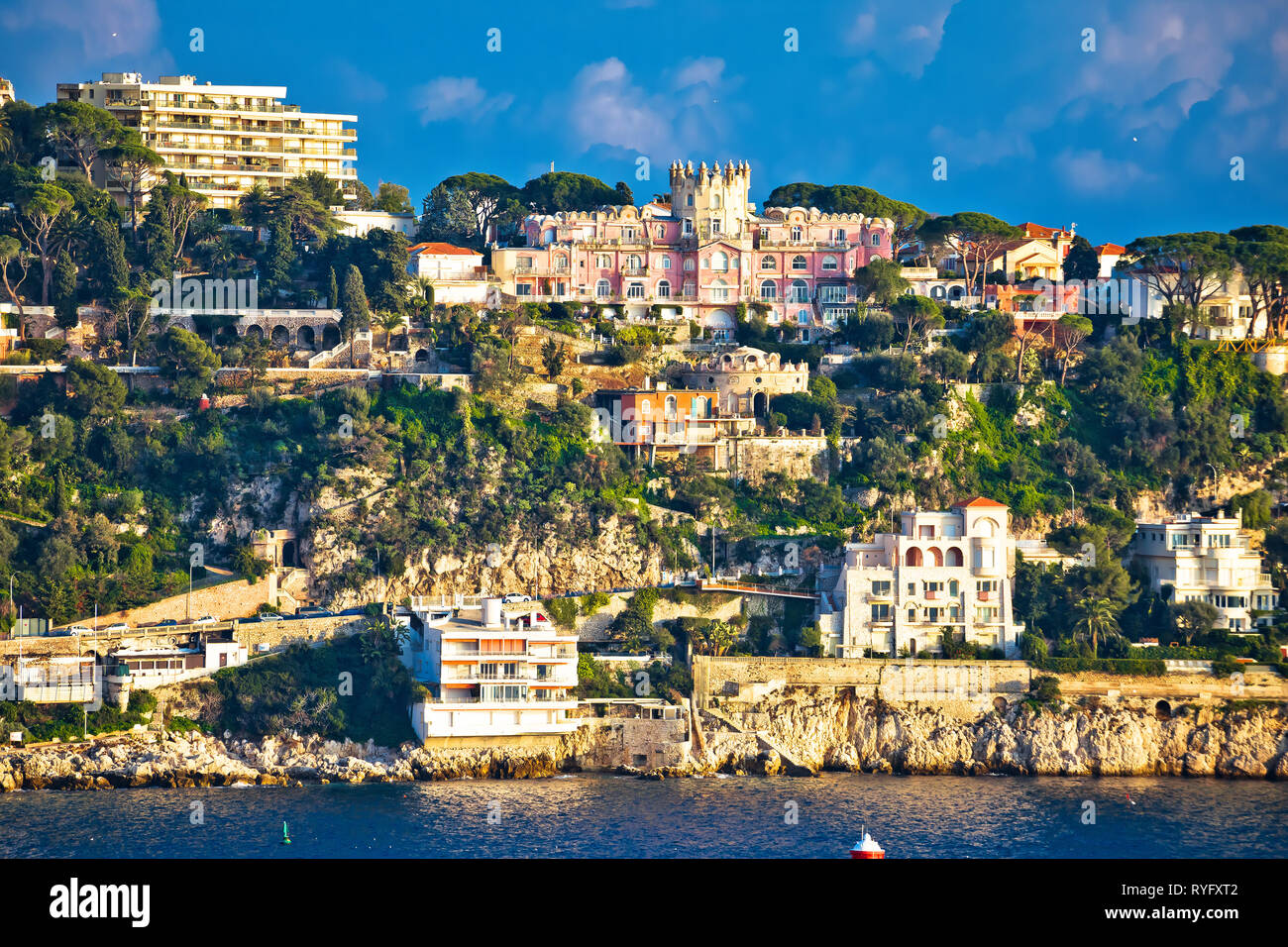 Cap du Nice historic architecture view from sea, Cote d Azur, France ...