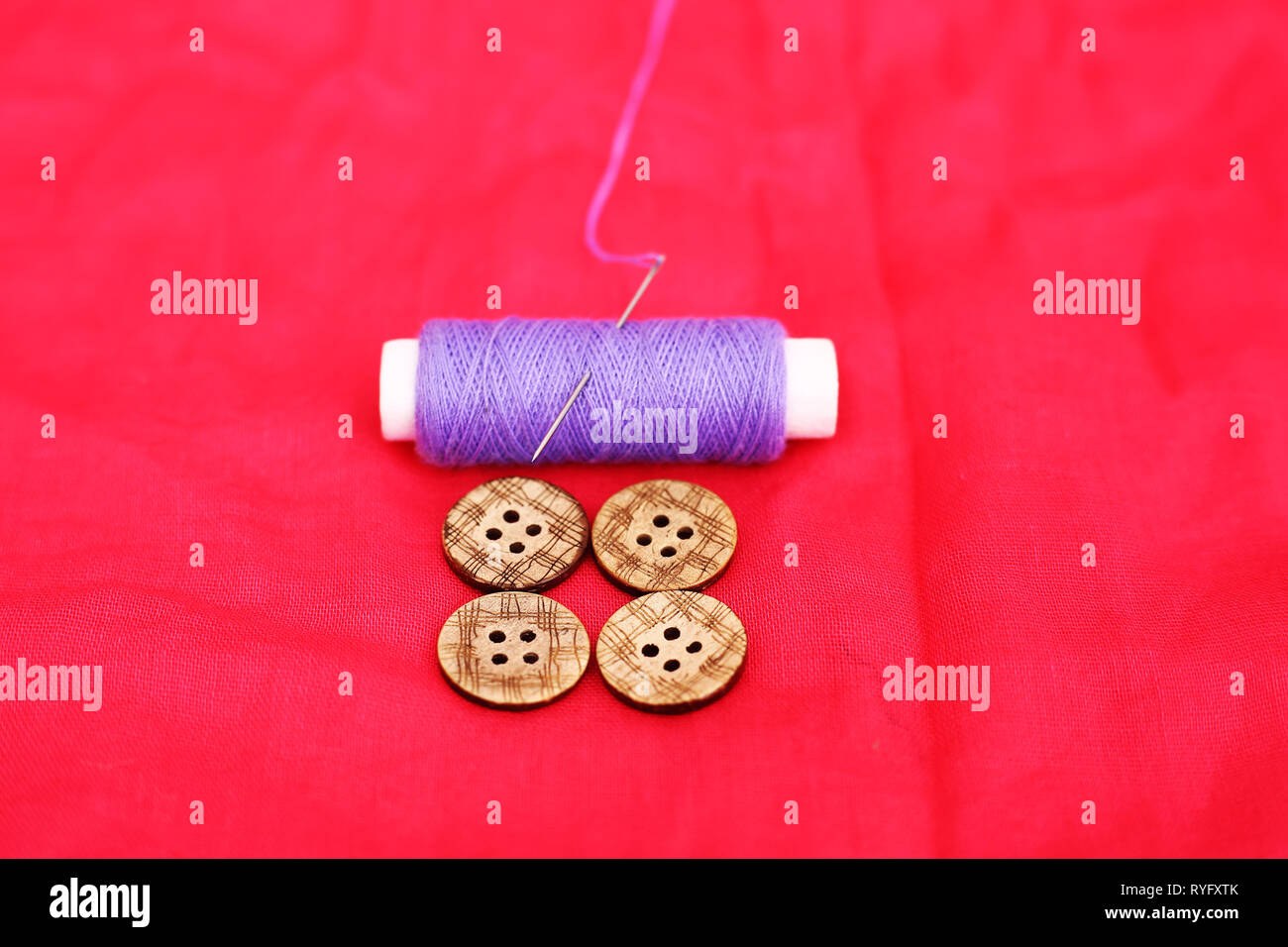 Picture of purple Sewing thread and button. Isolated on the red ...