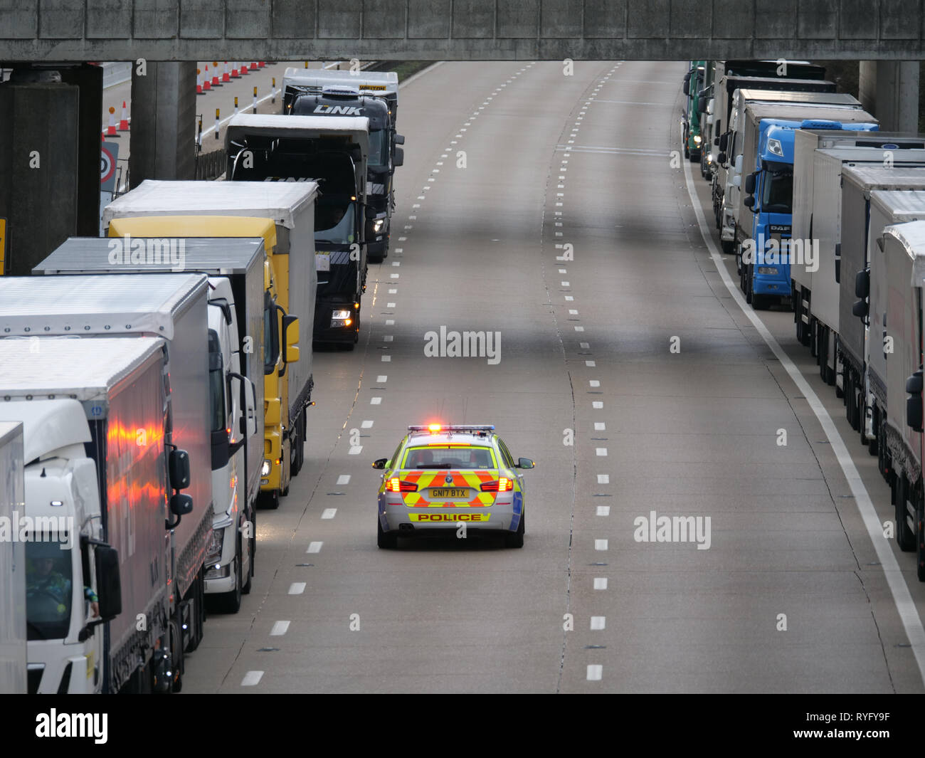 Police initiate operation stack on the M20 motorway, Ashford, Kent due ...