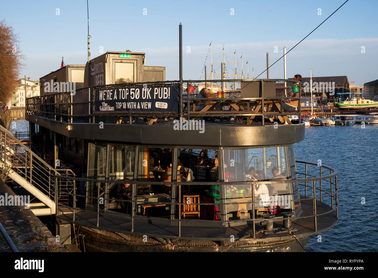 The Grain Barge floating pub, moored in the Bristol floating harbour ...