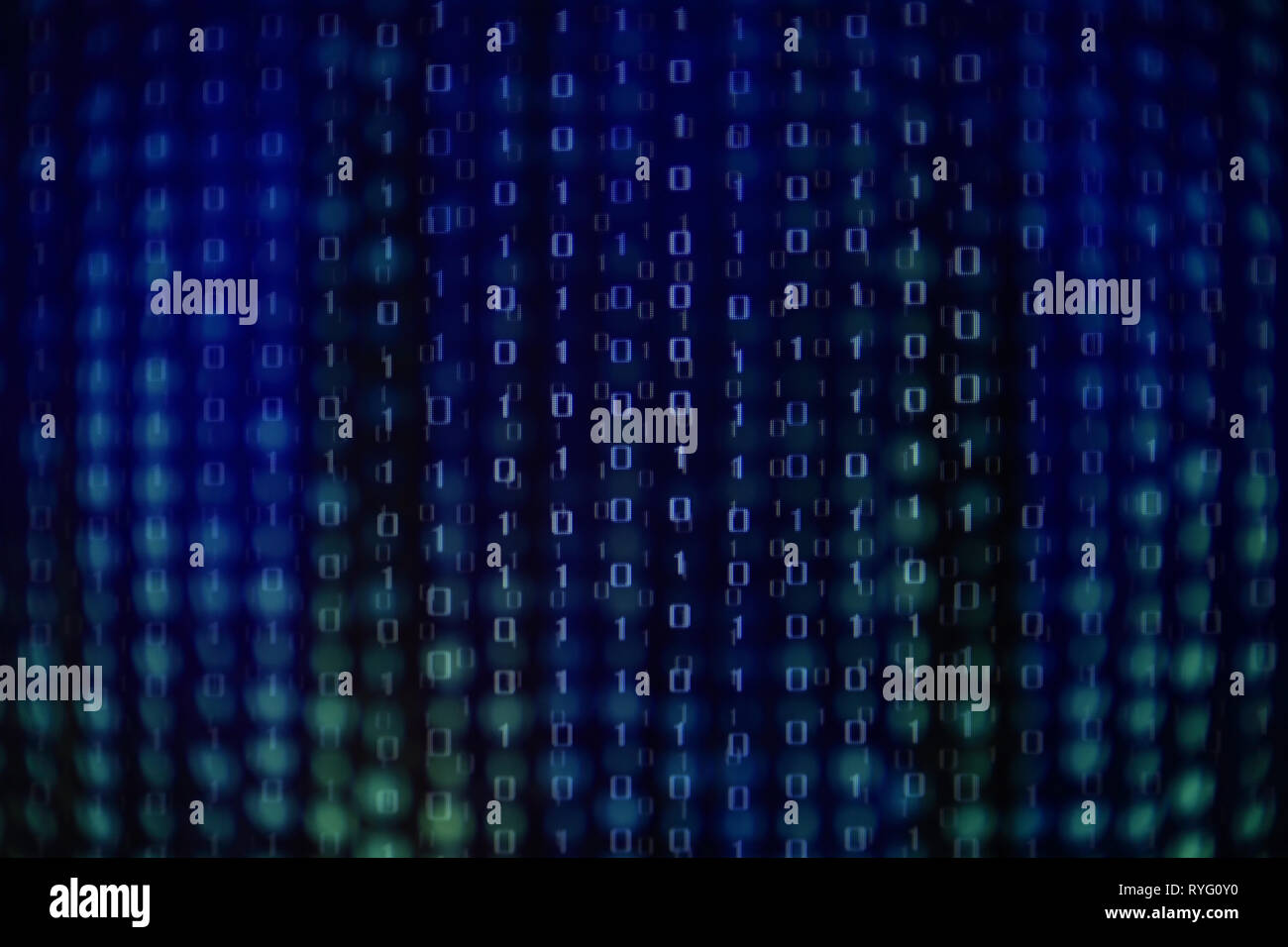Monitor Displaying Flowing Binary Code Matrix On Blue Strip Lines Background Computer Software