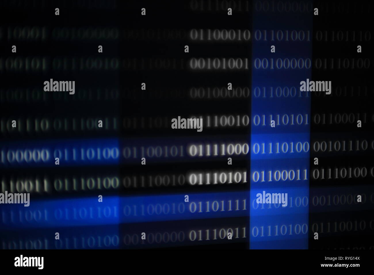 multiple layers matrix of binary code on blue space background. column ...