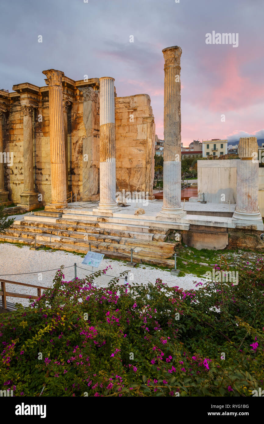Remains of Hadrian's Library in the old town of Athens, Greece Stock ...
