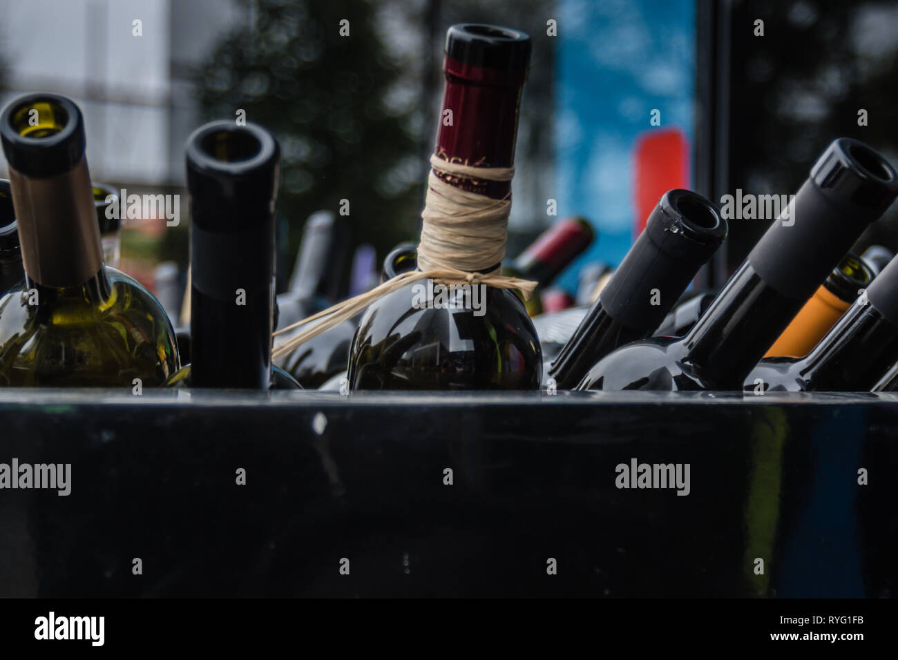 Empty bottles of vine close view top stacked Stock Photo - Alamy