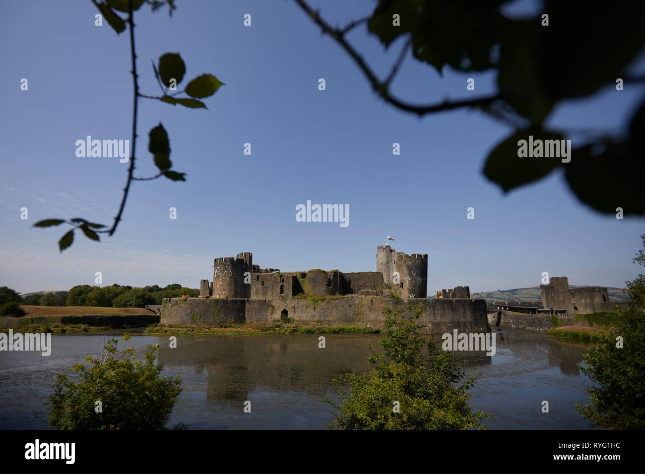 Caerphilly Castle exterior with moat, Mid-Glamorgan, Wales, UK Stock ...