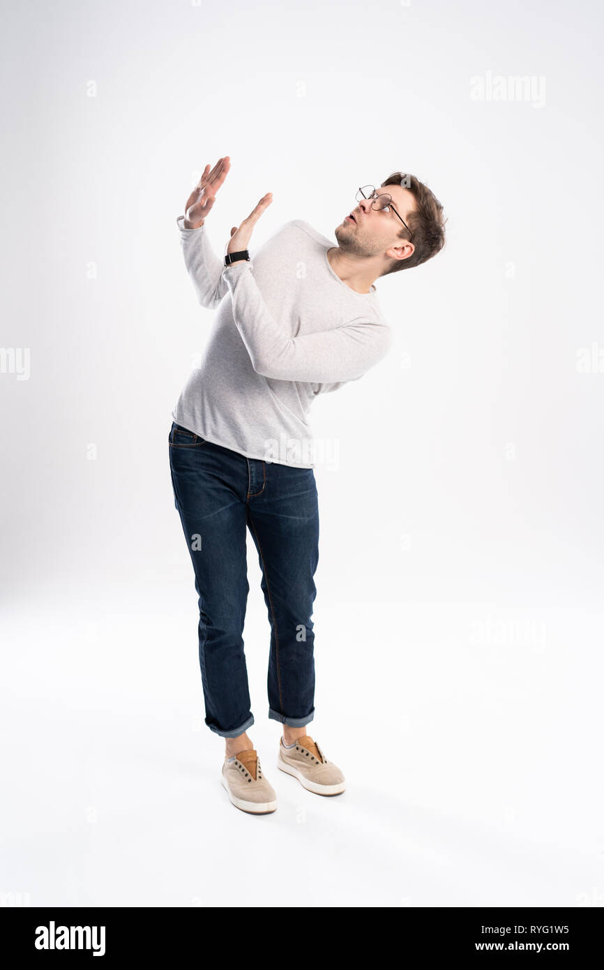 I'm afraid. Fright. Scared man. Business man standing isolated on white ...