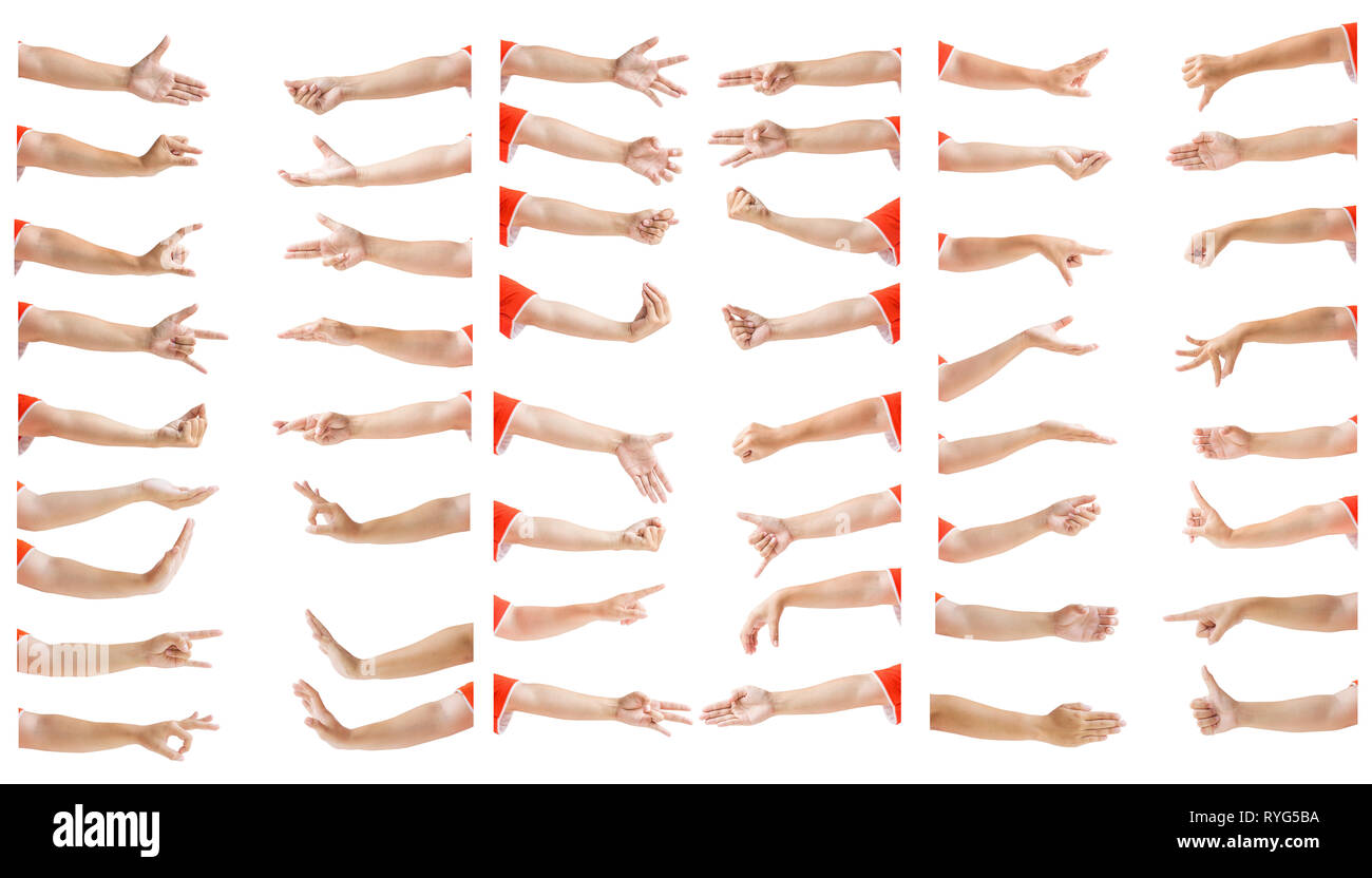 A multiple image set of caucasian asian female hand gestures isolated ...