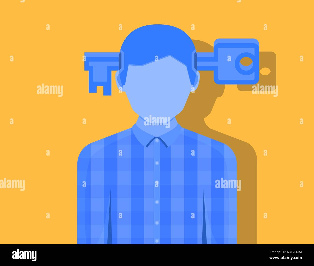 A man with a lock in his head, the shadow falls on an orange background ...