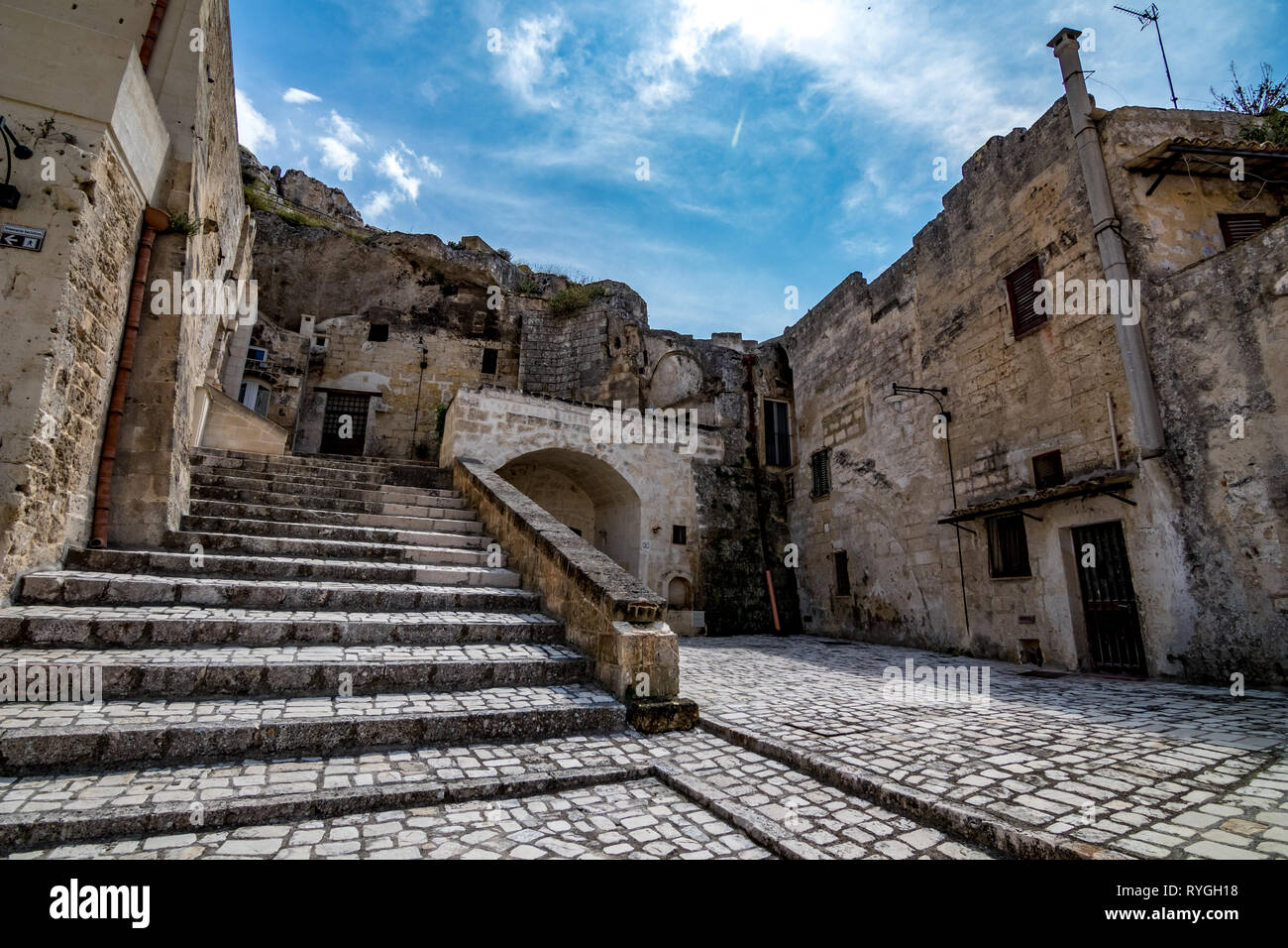 Summer day scenery street view of the amazing ancient town of the Sassi ...