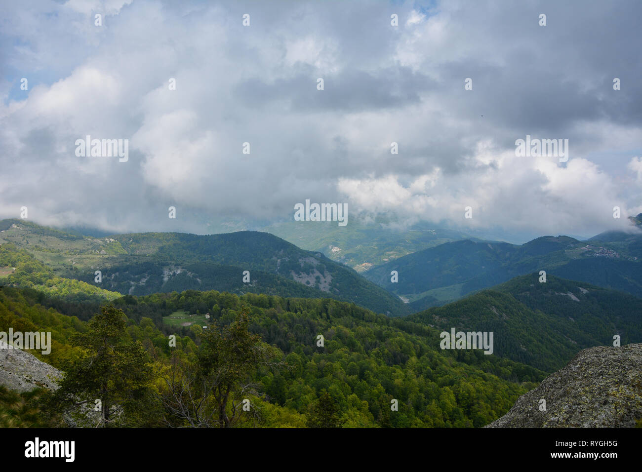 Spring landscape from Rhodope mountain, Bulgaria rainy puffy clouds ...